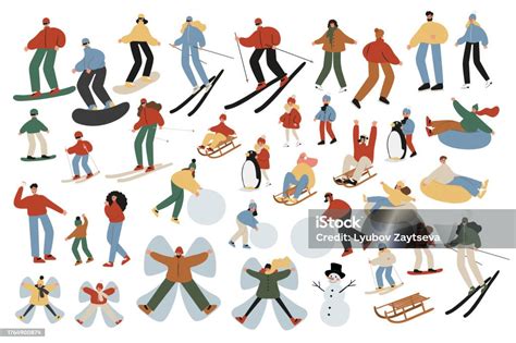 겨울 시즌 활동 일러스트 스키 스노우 보드 아이스 스케이팅 썰매 튜브 눈덩이 놀이 눈사람 만들기 눈 천사 벡터 클립 아트 만들기