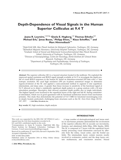 Pdf Depth Dependence Of Visual Signals In The Human Superior Colliculus At 94 T