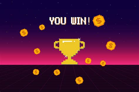 You Win이라는 텍스트와 분홍색 배경에 큰 황금 컵과 금화가 있는 8비트 픽셀 아트 레트로 게임 벡터 일러스트레이션의 게임 자산용 개념에 대한 스톡 벡터 아트 및 기타