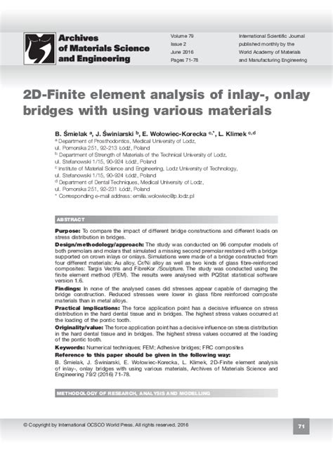 Pdf 2d Finite Element Analysis Of Inlay Onlay Bridges With Using