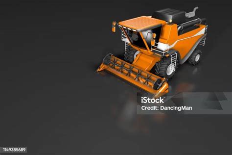 거 대 한 현대 주황색 호 밀 농업 수확기 전면 상단 보기 어두운 회색에 반사와 텍스트에 대 한 장소를 가진 모형 3d 그림 3차원 형태에 대한 스톡 사진 및 기타 이미지