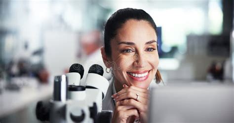 Computer Scientist And Smile With Woman With Microscope For Healthcare