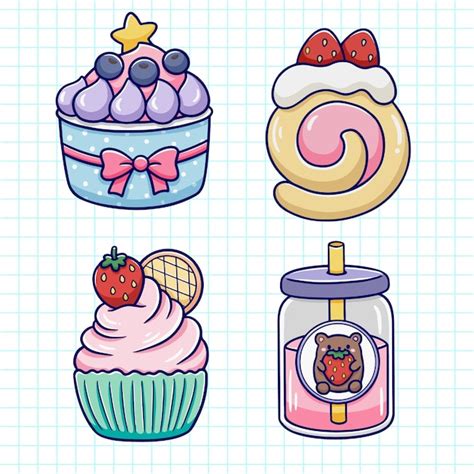 컵 케 익과 과자 아이콘 세트 손으로 그린 벡터 일러스트 레이 션 프리미엄 벡터