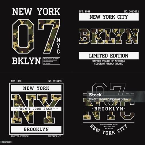 위장 질감의 티셔츠그래픽 디자인 세트 슬로건이 있는 뉴욕 티셔츠 프린트 군사 및 군대 스타일의 브루클린 의류 타이포그래피 벡터