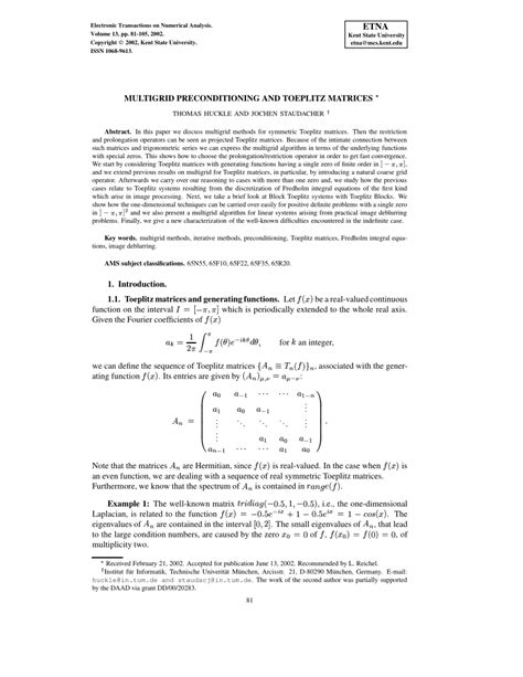 Pdf Multigrid Preconditioning And Toeplitz Matrices