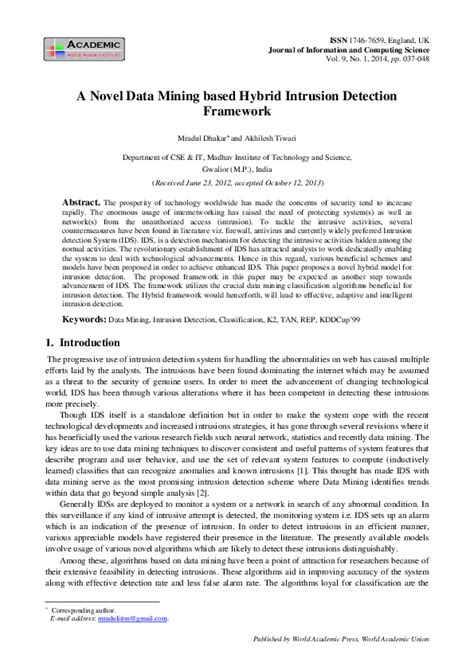 pdf a novel data mining based hybrid intrusion detection framework