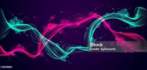동적 입자는 어두운 위에 흐르는 상호 음파 점선 이중 곡선 벡터 추상 배경입니다 빛나는 혼합 포인트의 아름다운 3d 웨이브 모양의 배열 3차원 형태에 대한 스톡 벡터 아트