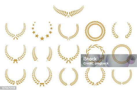 골드 월계수 화환 수상자 상 세트 올리브 잎 또는 승리 상징의 별의 가지 월계관에 대한 스톡 벡터 아트 및 기타 이미지