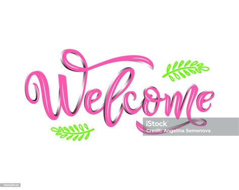 분기의 장식 요소와 함께 서 예 글자를 환영 합니다 핑크 색상입니다 절연 감정에 대한 스톡 벡터 아트 및 기타 이미지 감정 개념 그리기 Istock