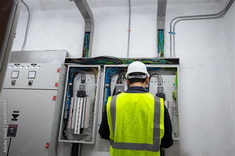 Electrical Engineer Team Working Front Control Panel An Electrical Engineer Is Installing And