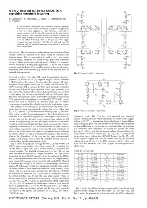 Pdf A 0 6v Class Ab Rail To Rail Cmos Ota Exploiting Threshold Lowering