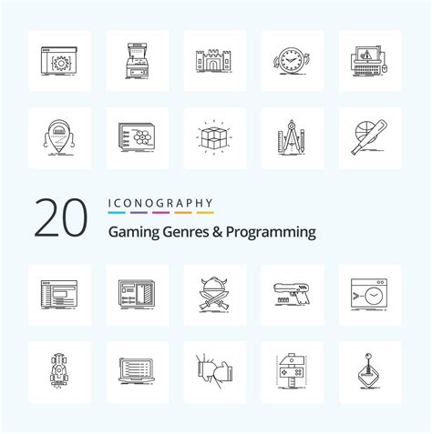 20 Gaming Genres And Programming Line Icon Pack Like Handgun Swords Drawing Warrior Emblem