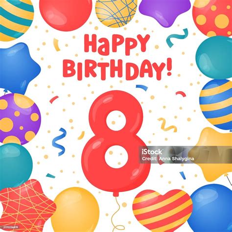 생일 축하합니다 8 년 카드 디자인 여덟 번째 생일 축하 벡터 일러스트 레이 션 Bday 인사말 카드 템플릿입니다 헬륨 풍선 색종이 조각 숫자 8 및 텍스트 재미 다채로운