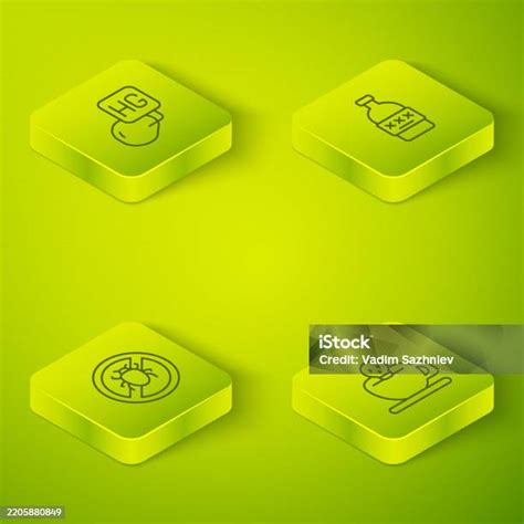 아이소 메트릭 라인 독 알코올 콜로라도 딱정벌레 중지 두개골이있는 커피 컵 및 드롭 수은 아이콘을 설정합니다 벡터 3차원 형태에 대한 스톡 벡터 아트 및 기타 이미지