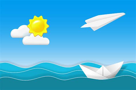 하늘에 종이 비행기가 있는 바다 풍경과 바다 파도에 종이 배 3차원 형태에 대한 스톡 벡터 아트 및 기타 이미지 3차원 형태 개념 관광 Istock