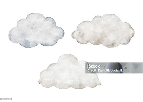 파스텔 베이지 색 만화 구름 배경에 고립 된 세트 소녀 또는 소년 유치한 교육 보육 예술에 대 한 손으로 그린 수채화 그림 날씨 아이콘 기상학의 예측을 위한 기호 0명에