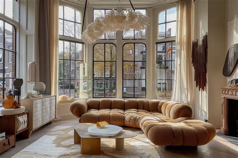 Living Room With Large Windows And A Brown Tufted Sofa In The Style Of Soft And Rounded Forms