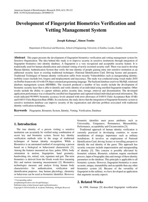 Pdf Development Of Fingerprint Biometrics Verification And Vetting Management System