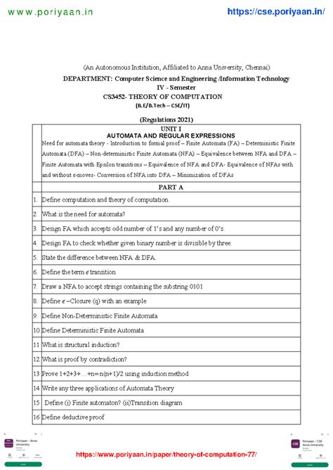 Cs3452 Theory Of Computaion Question Bank An Autonomous Institution