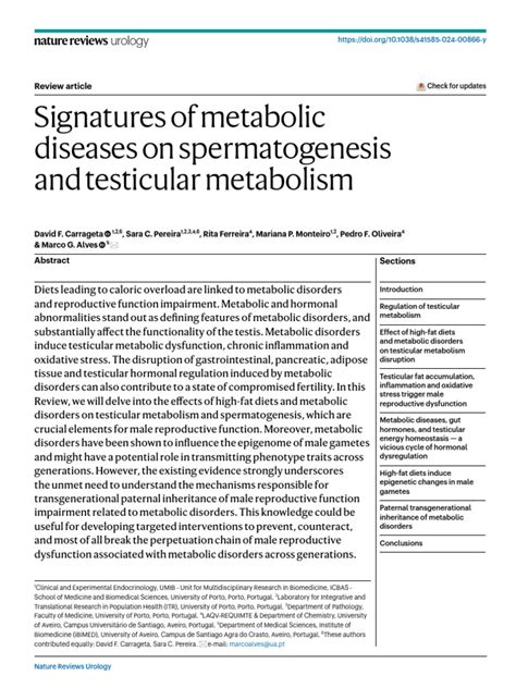 Nature Signatures Of Metabolic Diseases On Spermatogenesis And Testicular Metabolism