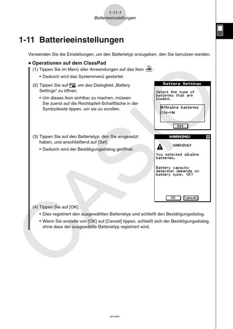 Batterieeinstellungen Casio Classpad 330 Plus Bedienungsanleitung