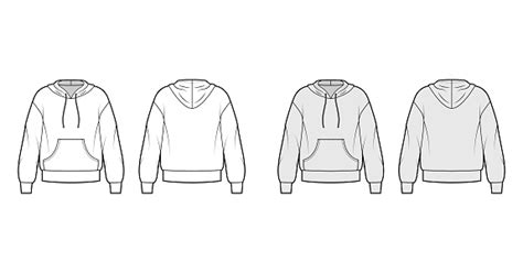 긴 소매 오버사이즈 바디 캥거루 파우치 밴드 옷자락이 있는 후드 스웨트셔츠 테크니컬 패션 일러스트 0명에 대한 스톡 벡터 아트