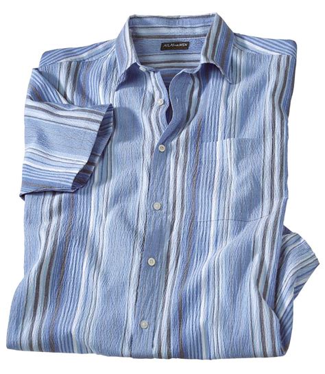 Mens Blue Striped Crepe Shirt Short Sleeves Atlas For Men