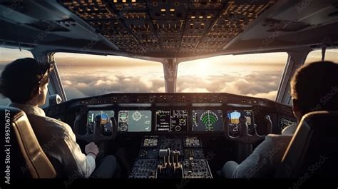 Cockpit Of Airplane Inside View Pilots In Flight Deck Of Modern Aircraft Generative Ai Stock