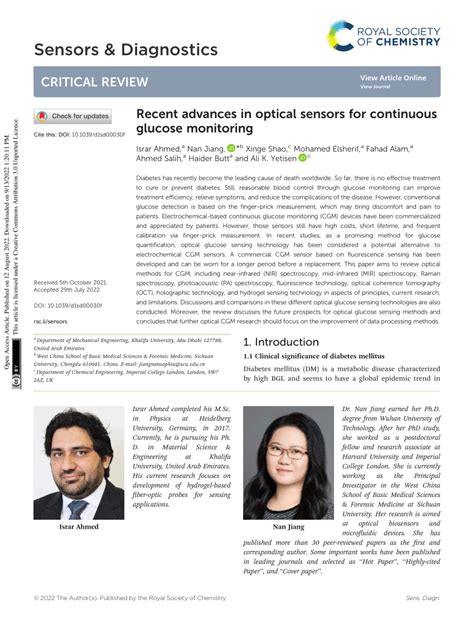 Pdf Recent Advances In Optical Sensors For Continuous Glucose Monitoring