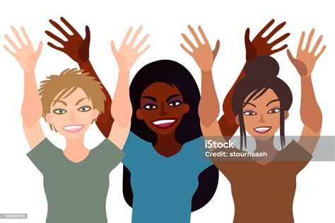 서로 다른 인종의 행복한 미소 여성의 그룹 흰색으로 격리된 플랫 스타일 일러스트레이션입니다 페미니즘 다양성 관용 소녀 파워 개념 개념에 대한 스톡 벡터 아트 및 기타 이미지