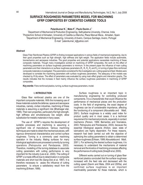 Pdf Surface Roughness Parameters Model For Machining Gfrp Composites By Cemented Carbide Tools