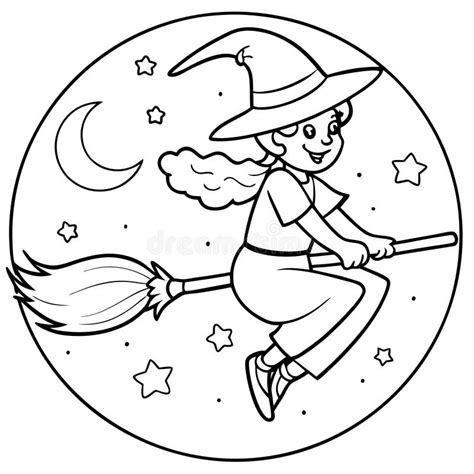 Illustration Of Halloween Young Witch Flying On Broom Again Stock