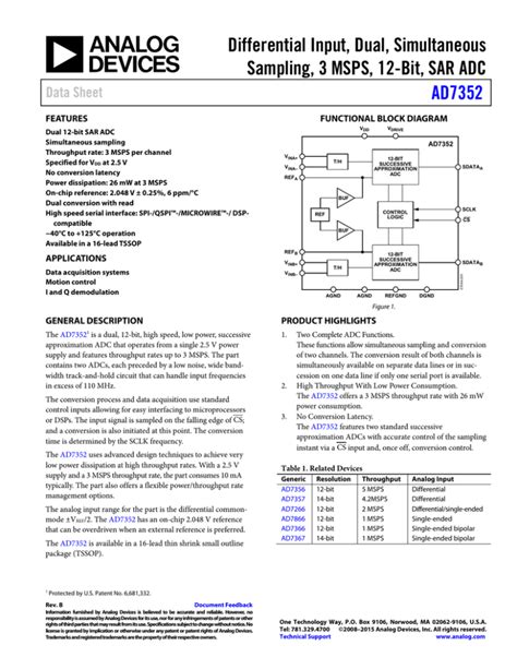 Differential Input Dual Simultaneous Sampling 3 Msps 12 Bit Sar Adc Ad7352 Data Sheet