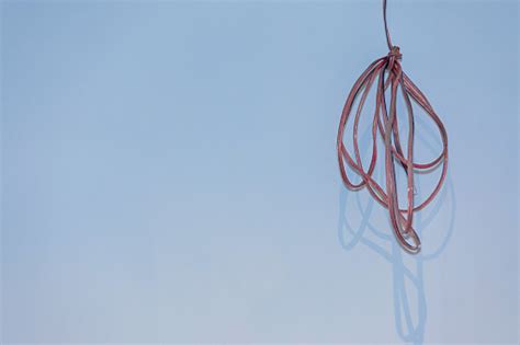 파란색 배경의 천장에 전선 롤이 걸려 있습니다 전선의 스케인 전력 전기의 하네스 건물의 리노베이션시 케이블이 필요합니다 0명에 대한 스톡 사진 및 기타 이미지 Istock