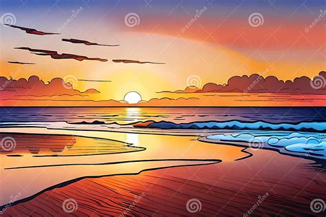 Sea Beach At Sunset Comic Book Style Seascape Stock Image Image Of