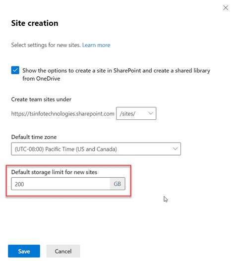 how to set default storage limit for new sites in sharepoint online
