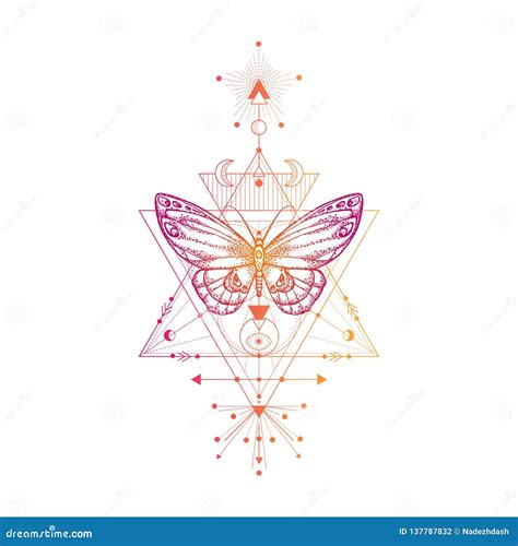 Illustrazione Di Vettore Con La Farfalla Disegnata A Mano E Simbolo Geometrico Sacro Su Fondo