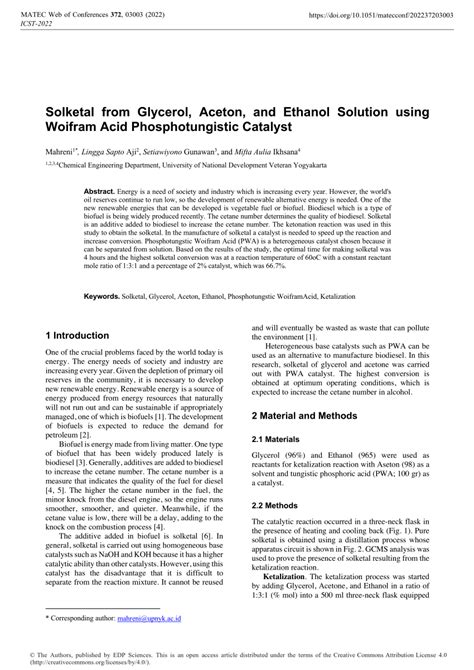 Pdf Solketal From Glycerol Aceton And Ethanol Solution Using Woifram Acid Phosphotungistic