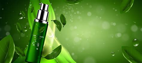 럭셔리 화장품 병 패키지 스킨 케어 크림 녹차 세럼 세트 뷰티 화장품 제품 포스터 Bokeh 및 물 배경 개념에 대한 스톡 벡터