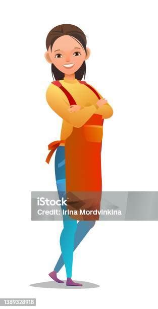 어린 소녀 장인 또는 예술가 앞치마에 십대 작업복 마스터 쾌활한 사람 스탠딩 포즈 만화 만화 스타일의 평면 디자인 단일