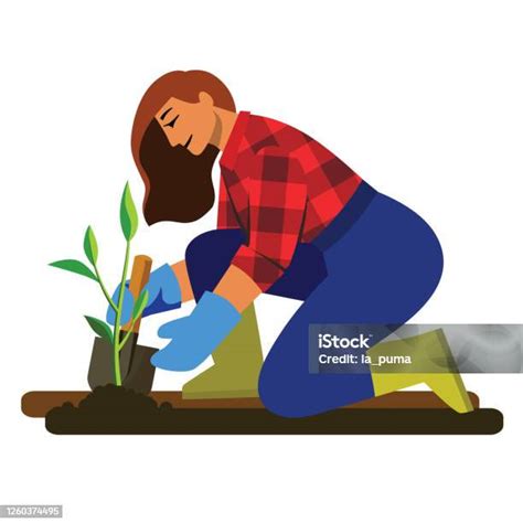 소녀는 토양 평면 그림에 식물을 심는다 직장에서 정원사 꽃 식물에 대한 스톡 벡터 아트 및 기타 이미지 꽃 식물 농부 농업 Istock