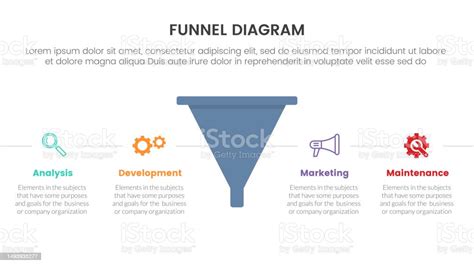 4 포인트 목록과 깔때기가 가로 방향으로 도형되는 슬라이드 프레젠테이션을 위한 인포그래픽 깔때기 차트 개념 개념에 대한 스톡 벡터 아트 및 기타 이미지 Istock