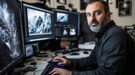 A Man Editing Photos On His Computer Looking Directly At The Camera Premium AI Generated Image