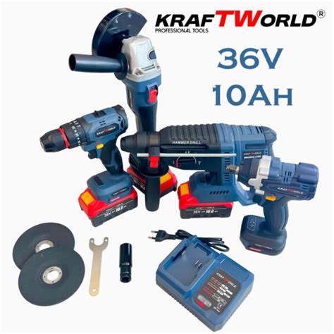 Комплект Акумулаторни Безчеткови Машини 4в1 Powermax от Kraftworld 36v 10ah Ъглошлайф Гайковерт