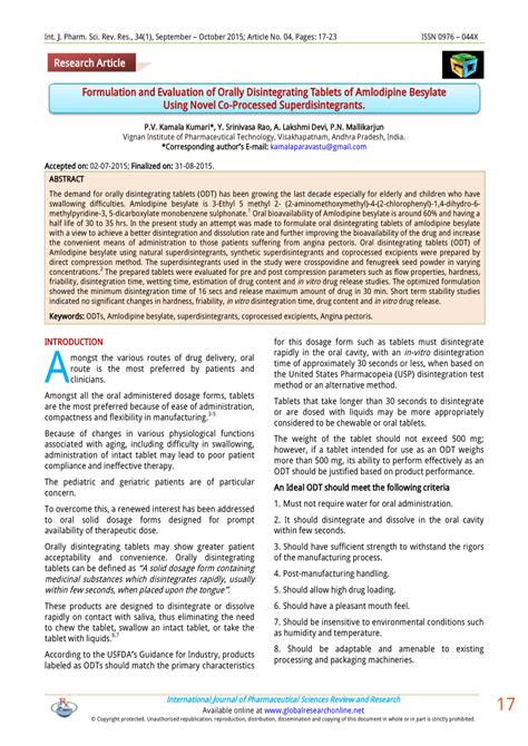 Pdf Formulation And Evaluation Of Orally Disintegrating Tablets Of Amlodipine Besylate Using