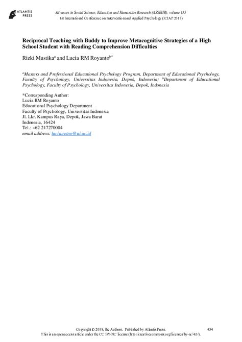 Pdf Reciprocal Teaching With Buddy To Improve Metacognitive Strategies Of A High School