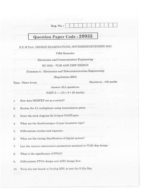 Vlsi And Chip Design Ec3552 2021 Regulation Semester Question Paper 2023 Nov Dec Pdf