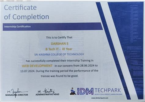 Darshan S On Linkedin Internshipcompletion Webdevelopment Idmtechpark Itcareer