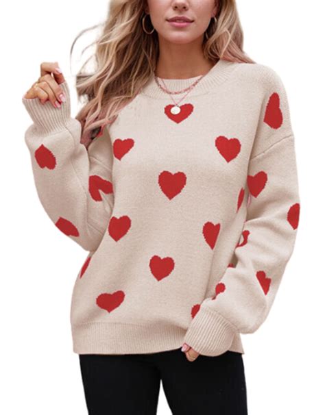 Women Sweaters Crewneck Cute Heart Valentines Day Long Sleeve Knitted