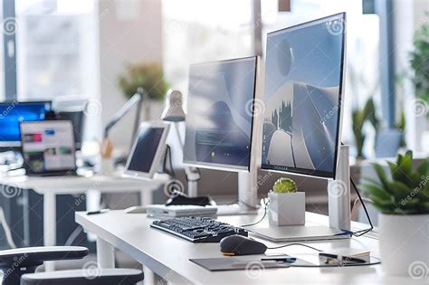 Modern Workspace Dual Monitors Enhance Productivity With Sleek Keyboard And Mouse Setup In A